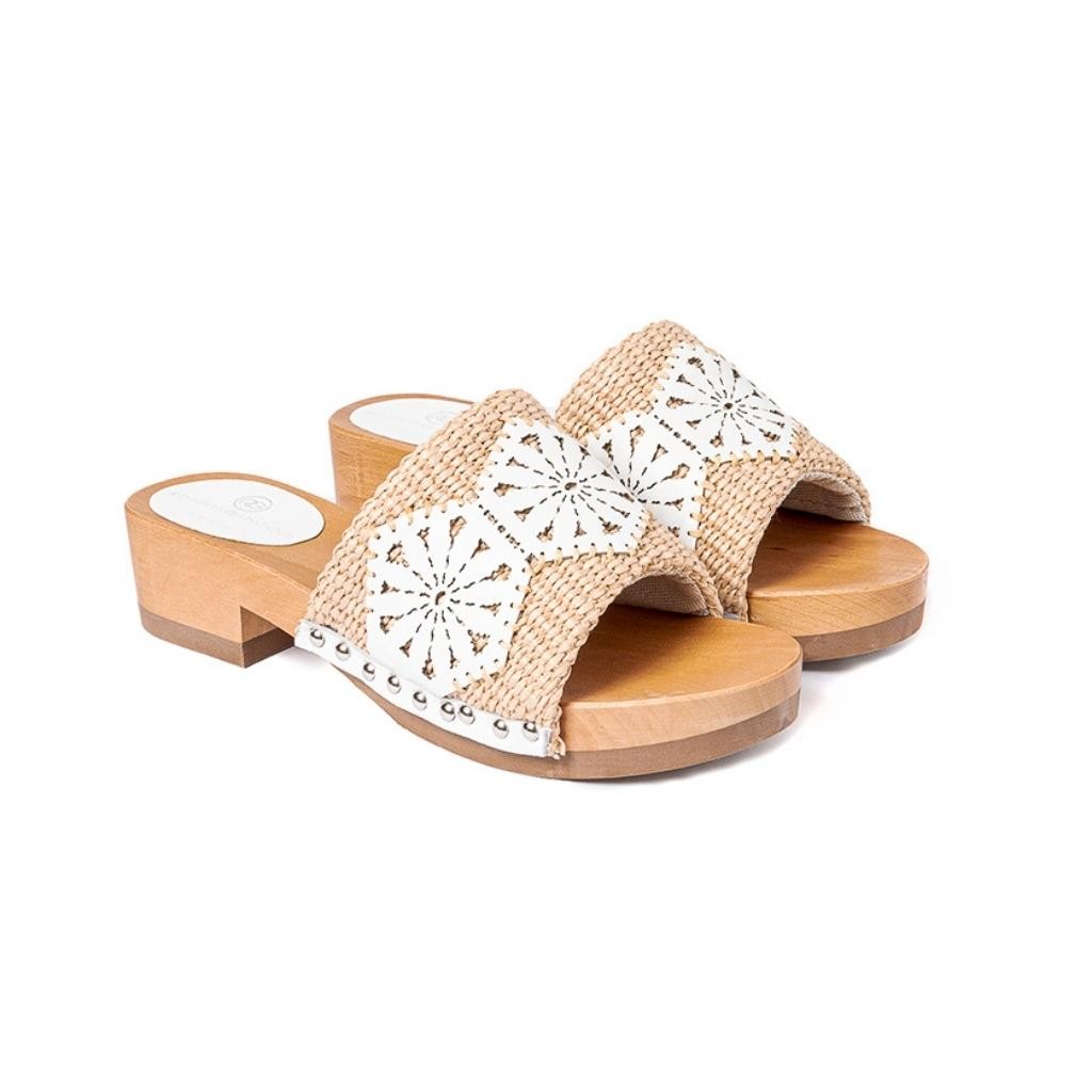 Sandalo Giulia platform in legno e tomaia in rafia e pelle di vitello ...